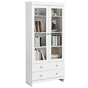 YIGOBUY White Bookcase with Glass Doors Tall Display Cabinet Wooden Bookshelf Organizer for Home Bedroom, Living Room, Office, Library with Doors, White Freestanding Kitchen Pantry