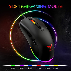 Havit RGB Gaming Mouse Wired PC Gaming Mice with 7 Color Backlight, 6 Buttons, Up to 6400 D P I Computer USB Mouses for Desktop Laptop Gamer & Work (Renewed)