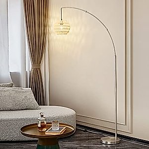 OYEARS Modern Arc Floor Lamp for Living Room Bedroom Office 82'' Vintage Arching Hanging Lamp with Rope Linen Shade Brushed Steel Arch Standing Lamp Floor Light Silver(Bulb Included)