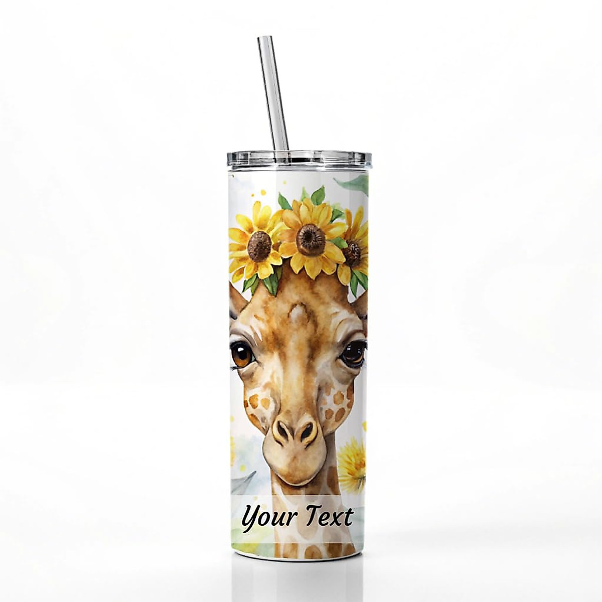 Personalized Custom Name Text Giraffe Watercolor Design With Sunflowers Skinny Tumbler 20oz with Straw Insulated Water Bottle Gift - 1 Line Horizontal