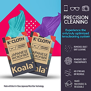 Koala Lens Cleaning Cloth | Japanese Microfiber | Glasses Cleaning Cloths | Eyeglass Lens Cleaner | Eyeglasses, Camera Lens, VR/AR Headset, and Screen Cleaning | Blue & Purple (Pack of 2)