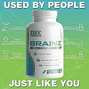 Stax Brainz Nootropic Brain Supplement, Brain Booster - Memory Supplement for Brain Function, Memory and Focus - Memory Pills to Help Reduce Daily Stress, Support Brain Health Mind Clarity - Alpha GPC