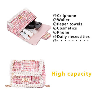 Qiayime Purse and Handbags for Women Fashion Tweed Pearl Top Handle Satchel Shoulder Tote bead chain Crossbody Clutch Bag (pink)