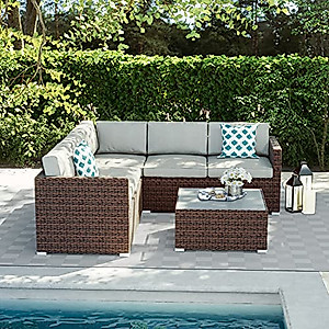 SUNBURY 4-Piece Outdoor Sectional Sofa Patio Furniture Set w Grey Thinck Cushions, Patio Conversation Set Outdoor Wicker Sofa w Tempered Glass Coffee Table, Waterproof Cover for Backyard