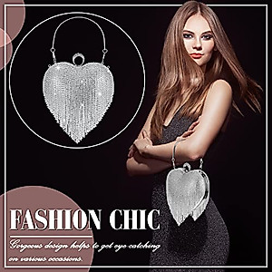 Women Heart Shape Crystal Tassel Clutch Purse Silver Rhinestone Evening Hand Bags with Long Chain for Wedding Engagement Party
