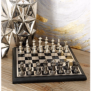 Deco 79 Aluminum Chess Game Set with Black and Silver Pieces, 12" x 12" x 1", Black