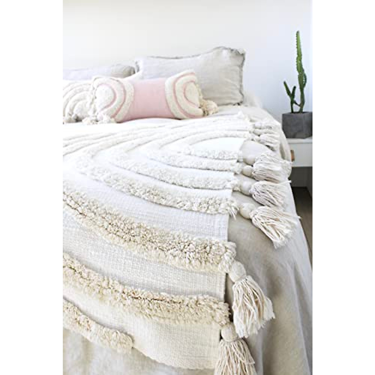 CASA BOHO Throw Blanket Boho Rainbow Throw Blanket Cozy Throw Blanket for Bed Pom Pom Blanket for Bed Cozy Blanket Throw Blankets for Bed Throw Blanket for Couch Neutral Rainbow Decor Cream 48x64