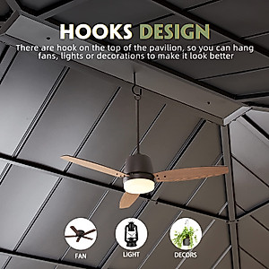 EROMMY 12'x14' Hardtop Gazebo, Galvanized Steel Top with Wood Grain Aluminum Frame, Permanent Metal Pavilion with Three-Layer Storage Shelves for Patio, Backyard, Deck and Lawns