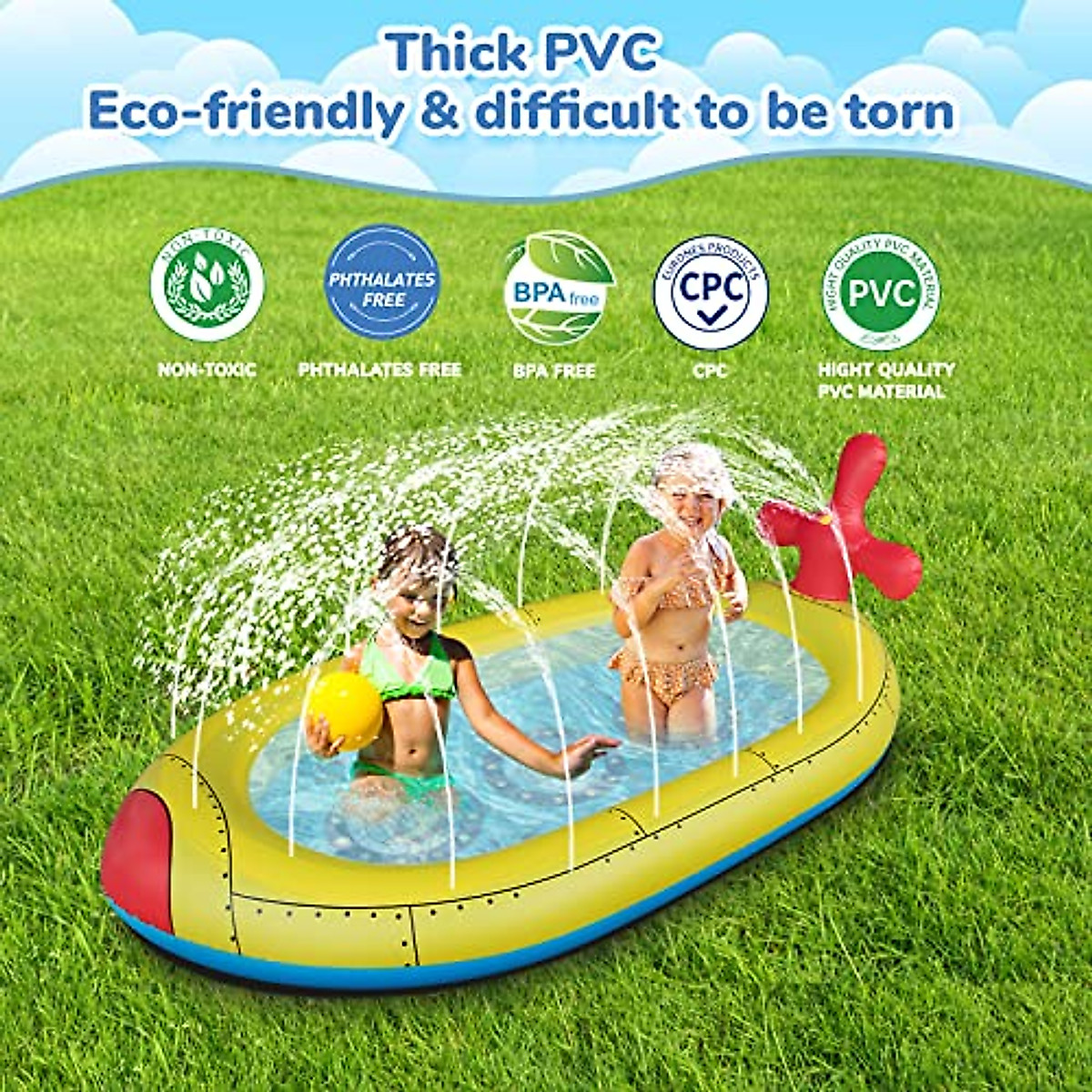 Josen Splash Sprinkler Pool,Outdoor Water Play Toys for Toddlers and Kids,Baby Splash Pad,Children Ball Pit Pool, Birthday Gifts for Boys and Girls,(4 Rubber Ducks Included) - Submarine