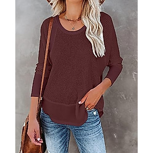 SOLERSUN Womens Waffle Knit Tops Long Sleeve Crewneck Casual Loose Blouses Lightweight Pullover Jumper 2023 Fall Jujube red M