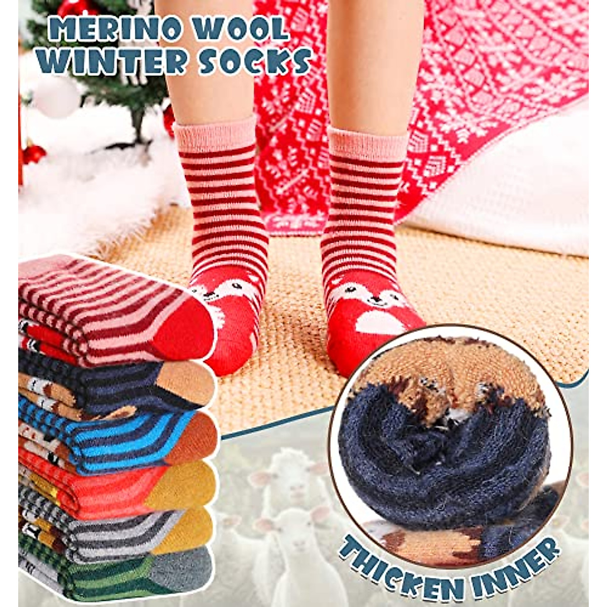 Kids Girls Boys Warm Wool Socks Super Soft Winter Thick Cute Animal Childrens Toddler Thermal Casual Crew Socks (6 Pairs Stripe Animal, 1-3 Years)