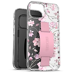 ENCASED Finger Loop Case, Designed for iPhone 15 Plus (2023) Hand Strap Clear Cover with Silicone Grip Phone Holder (Pink Flowers)