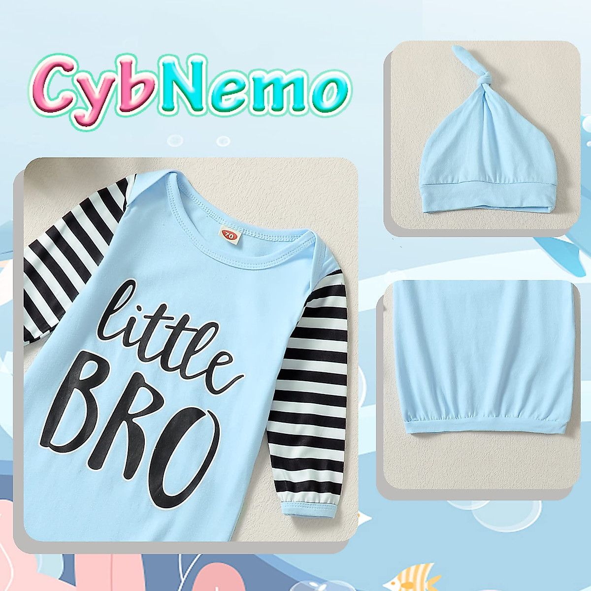 CybNemo Newborn Baby Boy Sleeper Gift Set Little Bro Nightgown Stripe Long Sleeve Infant Sleepwear Outfit Sky Blue