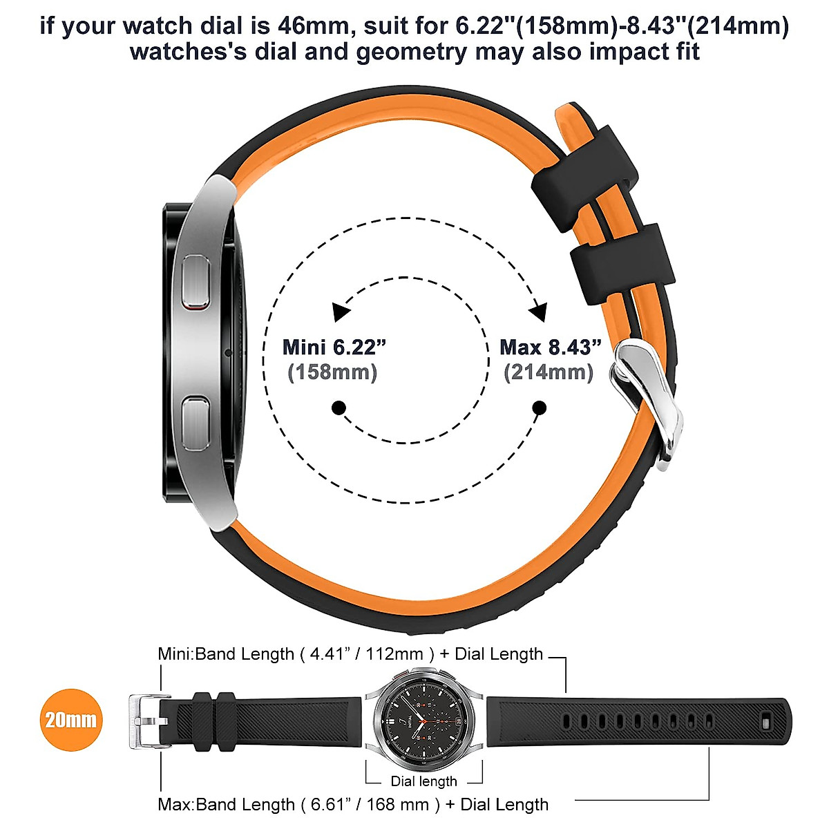 Fullmosa Silicone Watch Band Compatible Samsung Galaxy Watch 4 40mm/44mm and Classic 46mm/42mm, 20mm Watch Strap for Samsung Galaxy Watch 3 41mm/Galaxy Watch Active 40mm, Black/Pumpkin Orange/Silver