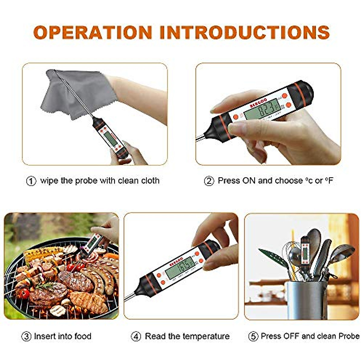 Meat Thermometer, Cooking Thermometer [5.8 Inch Long Probe] with Instant Read, LCD Screen, Hold Function for Kitchen Food Smoker Grill BBQ Meat Candy Milk Water