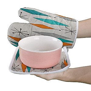 Chic D Kitchen Oven Mitts Gloves and Pot Holders Sets, Retro Modern Mid Century Geometric Heat Resistant Oven Mittens and Potholders Hot Pads Set Non-Slip for Cooking BBQ Baking Grilling