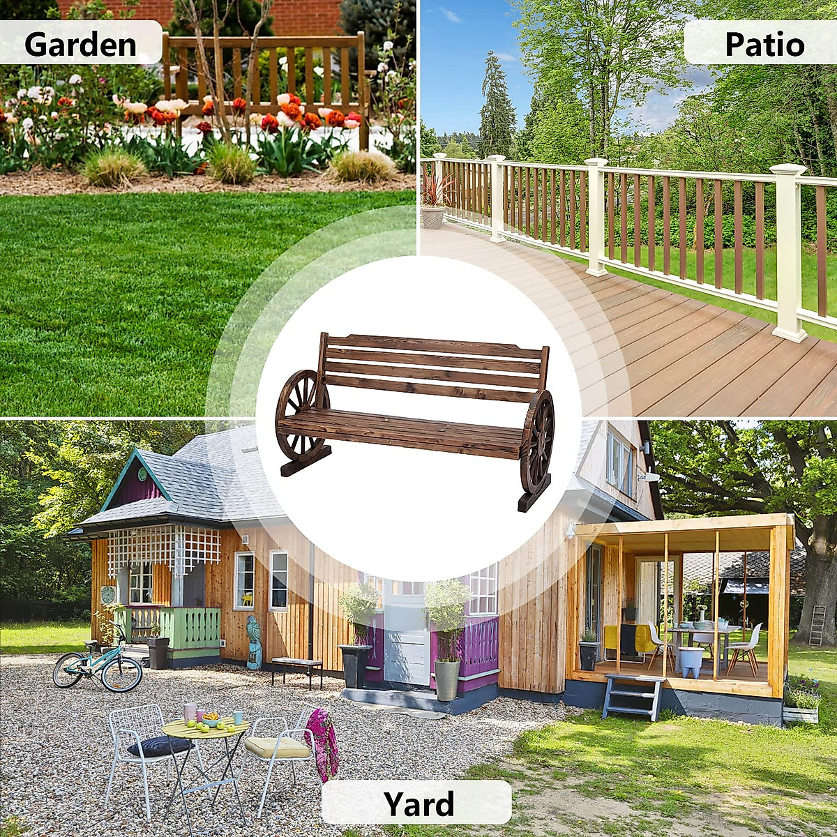 KINBOR BABY Outdoor Bench Wooden Garden Seat - 55” Patio Rustic 2-Person Wagon Wheel Furniture (Style 1)