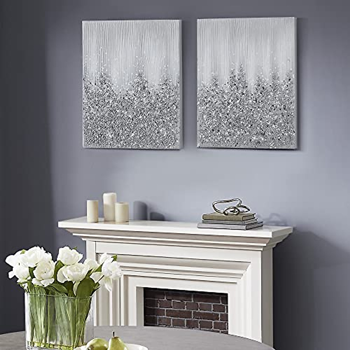 Madison Park Wall Art Living Room Decor-Embellished Hand Painted Metallic Canvas, Home Accent Glitter Abstract Bathroom Decoration Ready to Hang Bedroom Painting, Each 22"W x 28"H x 1.5"D, Silver, 2 Piece Set
