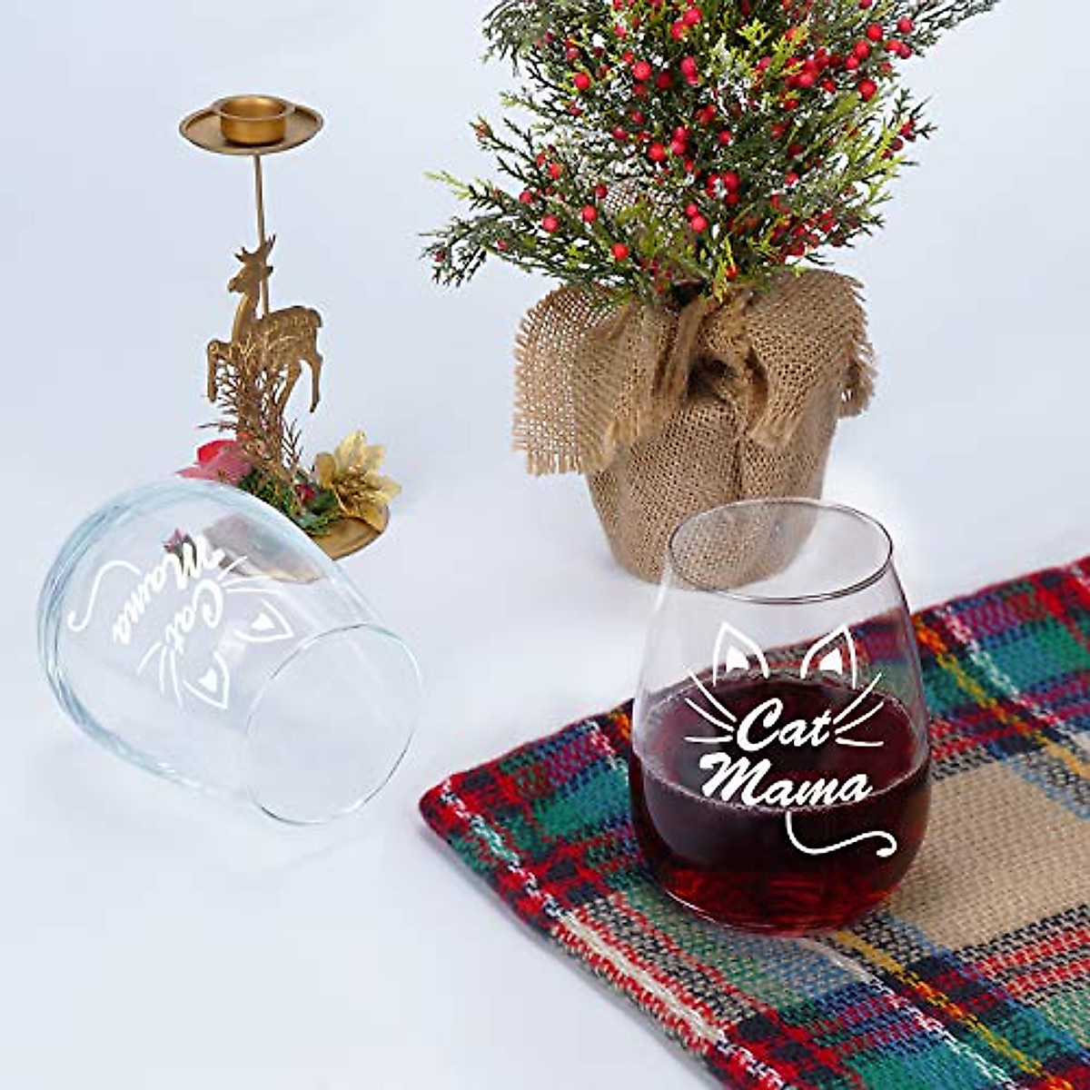 Cat Mama Stemless Wine Glass for Women Cat Mama Friend Cat Mom Cat Lovers Cat Lady Wife Cat Owner Birthday Christmas, Funny Cat Themed Wine Gifts Idea, 15Oz