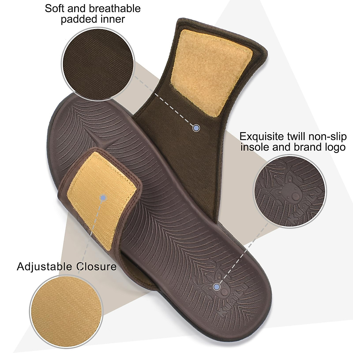 KuaiLu Mens Slides Soft Cushion Sport Sandals with Plantar Fasciitis Arch Support Adjustable Open Toe Summer Slippers Slip on Indoor Outdoor Sandalias Para Hombres, Dark Brown Size 10