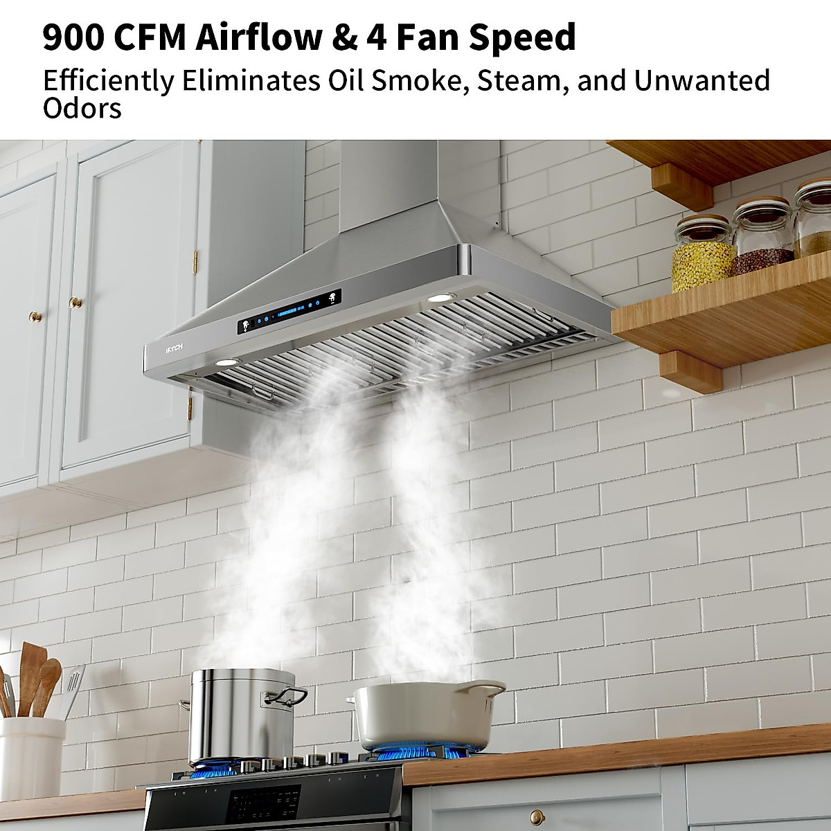 IKTCH Wall Mounted Range Hood 30 inch, 900 CFM Ducted/Ductless Range Hood, Stainless Steel Range Hood with Gesture Sensing & Touch Control IKP02R-30