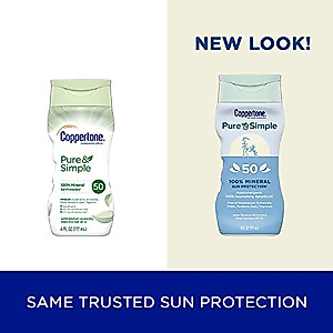 Coppertone Pure and Simple Zinc Oxide Mineral Sunscreen Lotion SPF 50, Body Sunscreen, Water Resistant, Broad Spectrum SPF 50 Sunscreen for Sensitive Skin, 6 Fl Oz Bottle