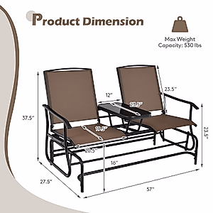 Tangkula 2 Person Swing Glider Chair, Patio Rocking Loveseat w/Center Tempered Glass Table, Outdoor Swing Bench w/Steel Frame & Breathable Mesh Fabric for Porch, Balcony, Poolside (Brown)