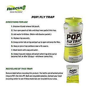 RESCUE! POP! Reusable Fly Trap with Fast-Acting Water-Soluble Attractant for Home & Agricultural Settings, Durable Recyclable Plastic (Pack of 4)