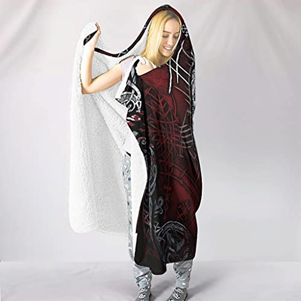 Khcbts Hooded Blanket Viking Fleece Throw Blanket with Hood Wearable Hooded Throw Blanket for Watch TV White 60x80 inch