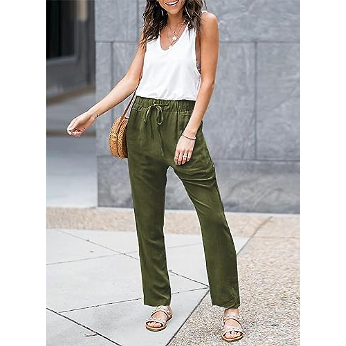 Acelitt Womens Casual Linen Pants Lightweight Drawstring Elastic Waist Spring Summer 2025 Beach Slacks Comfy Trousers with Pockets Green X-Large