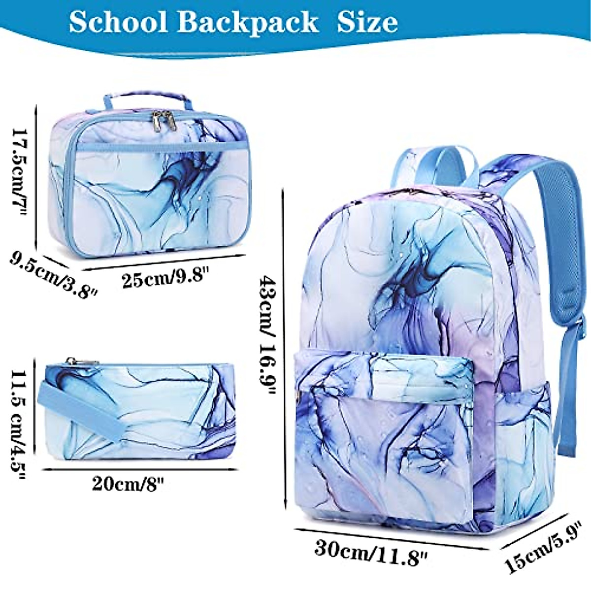 Dafelile School Backpack for Girls School backpack for Elementary Middle Water Resistant Girls School Bag Teen Girls Bookbag 3 in 1 Set with Lunch Box Pencil Bag
