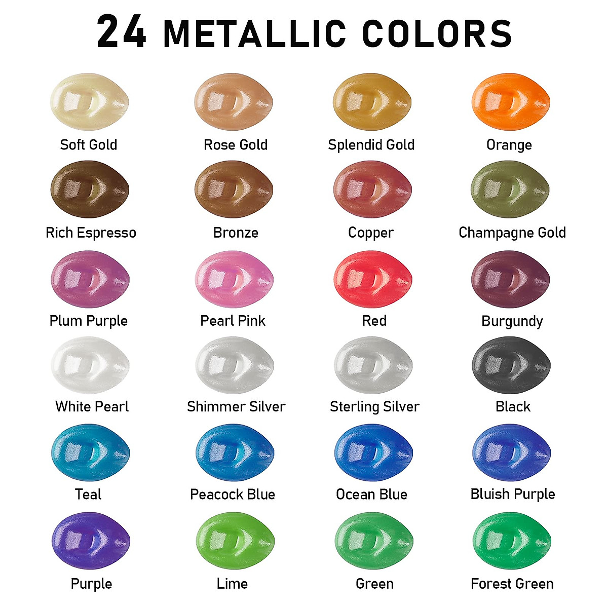Metallic Acrylic Paint, Abeier Set of 24 Metallic Colors in 2oz/60ml Bottle, Rich Pigments, Non Fading, Non Toxic Paints for Artist, Beginners & Kids Painting on Rocks Crafts Canvas Wood, Fabric&Stone