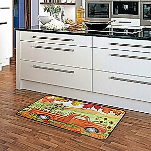 Autumn Truck Pumpkin Kitchen Rugs Thanksgiving Sunflower Maples Floor Comfort Mats Bath Rugs Entryway Welcome Non Slip Area Rug for Bedroom Living Room Doormats Home Decor 39" X 20"