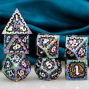 ARUOHHA Metal D&D Dice Set Dragon Design DND Rainbow Dice with Gift Box, D + D 7pcs Large Polyhedral Dice for Dungeons and Dragons RPG Role Playing Games Handmade D and D Dice D20 D12 D10 D8 D6 D4