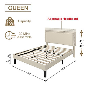 VECELO Queen Size Platform Bed Frame with Height Adjustable Upholstered Headboard, Modern Mattress Foundation,Strong Wood Slat Support, No Box Spring Needed, Easy Assembly