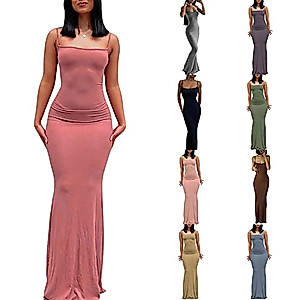 Women Long Tank Top Dress Ankle Length Solid Color Spaghetti Strap Bodycon Party Dress (Brown, S)