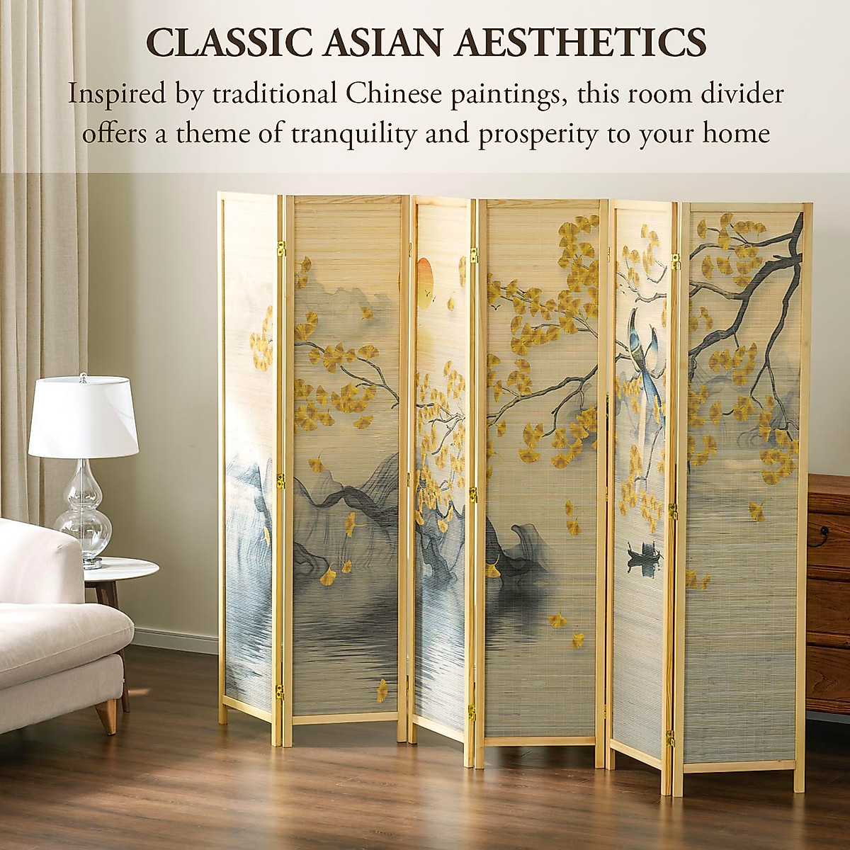 MyGift 6 Panel Large Bamboo Room Divider with Dual Sided Asian Birds Gingko Biloba Tree Sunset Design Print, Freestanding Artwork Privacy Partition Folding Screen with Beige Solid Wood Frame