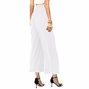 Pasgreson Womens Elastic High Waist Wide Leg Pants Palazzo Lounge Pants Casual Loose Flowy Pants with Pockets White 3XL
