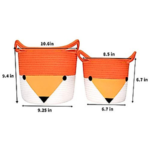 Annecy Cotton Rope Storage Basket Set of 2, Fox Woven Storage Basket, Toy Basket Organizer for Cats, Dogs, Cute Animal Laundry Basket for Nursery, Orange Baby Gift Basket
