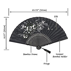 OMyTea Folding Hand Fan for Women - Foldable Japanese Chinese Oriental Vintage Retro Bamboo Silk Fan - for Church, Decoration, Hot Flash, Dance, Performance, Party, Gift (Black Grassflowers)