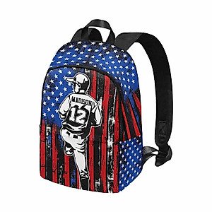 Custom Name Kid's Backpack Watercolor US Flag Pattern Baseball Player Personalized School Bookbag with Your Own Name Customization Casual Bookbags for Student Girls Boys on Birthday School Season