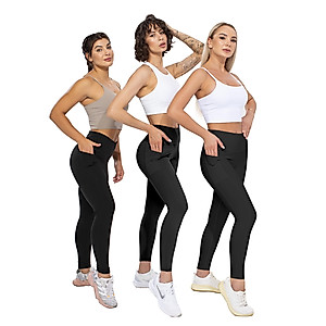 CHRLEISURE Leggings with Pockets for Women, High Waisted Tummy Control Workout Yoga Pants(3Packs 3Black, XL)