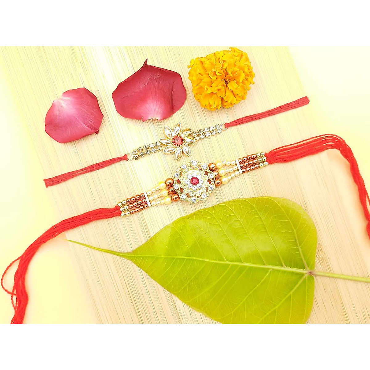 Palak Global Rakhi brass Bracelet, Unique designer Rakhi, Rakhi celebration with your Brother, Bhabhi/Sibling, Sister, Father & Family. Set of 2 (Fancy Rakhi with beautiful stones, Small)