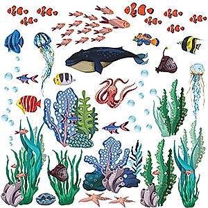 RW-1029 3D Removable Ocean Animals Wall Decals Under The Sea Animals Wall Stickers Fish Whale Seaweed Coral Decals DIY Marine Animals Sea View Wall Art Decor for Kids Baby Bedroom Living Room Nursery