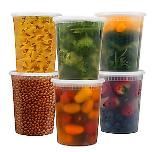 [24 Pack - 32 oz] Plastic Soup Cups Deli Food Storage Containers with Tight Lids Portion Control Non-Spill Stackable Microwaveable Freezer Dishwasher Safe