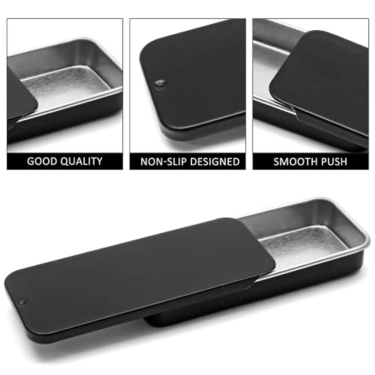 Unlorspy 10 Pcs Black Metal Tin Container Slide Lid, 3.15" x 1.34" x 0.47" Metal Tin Container Slide Top for DIY Pills, Solid Perfumes, Lip Balms, Cards and Herbs