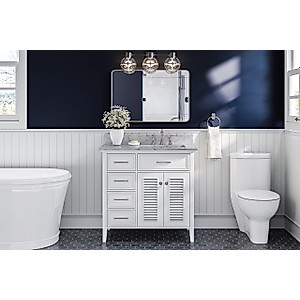 ARIEL Kensington Bathroom Vanity 37" Inch in White with Carrara White Marble Countertop, Right Offset Rectangular Sink, 2 Soft Closing Doors and 4 Full Extension Dovetail Drawers