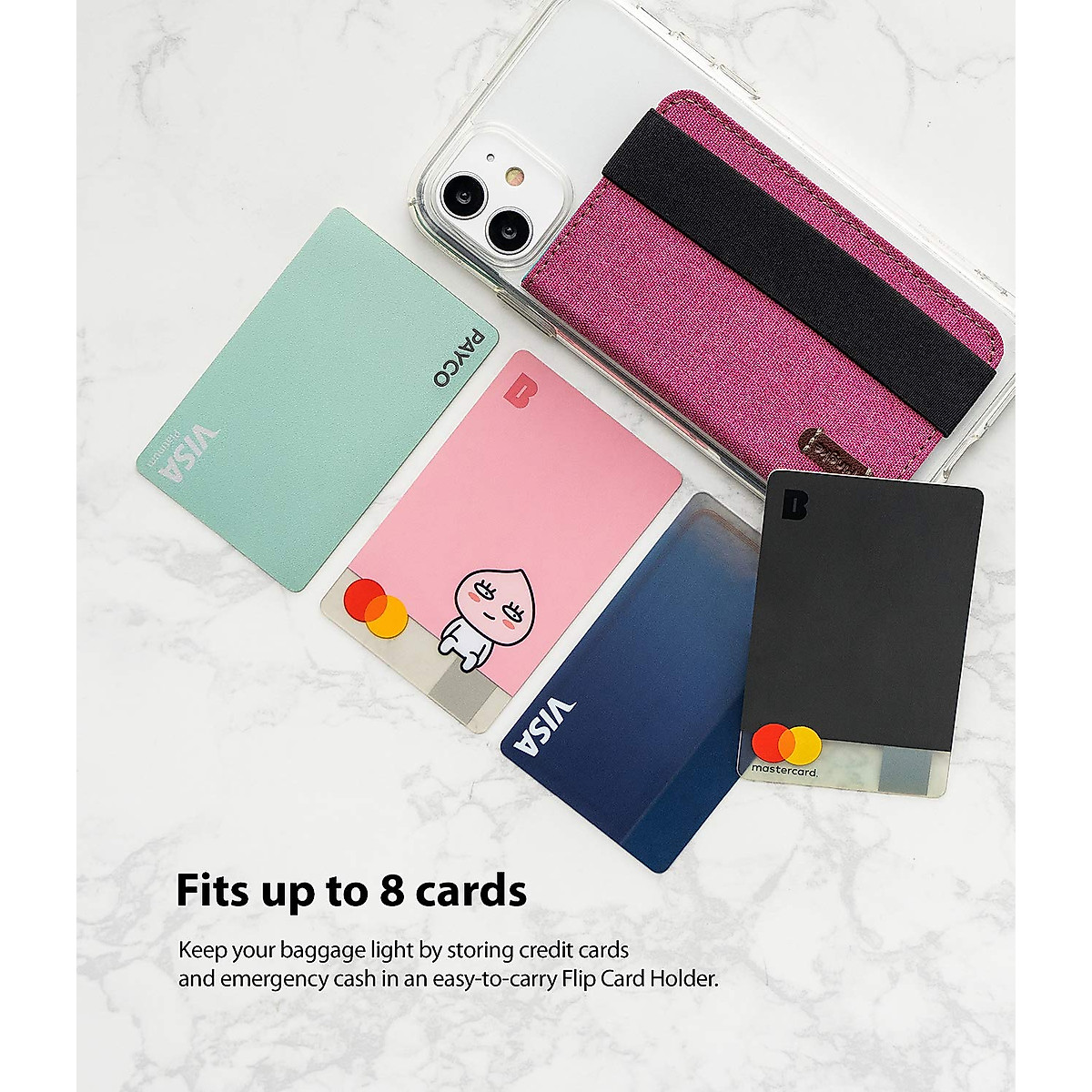 Ringke Flip Card Holder with Elastic Hand Strap Slim Soft Band Grip Fashion Multi-Card Slot 3M Stick-On Wallet Credit Card Cash Mini Pouch Attachment Compatible with Most Smartphones - Pink