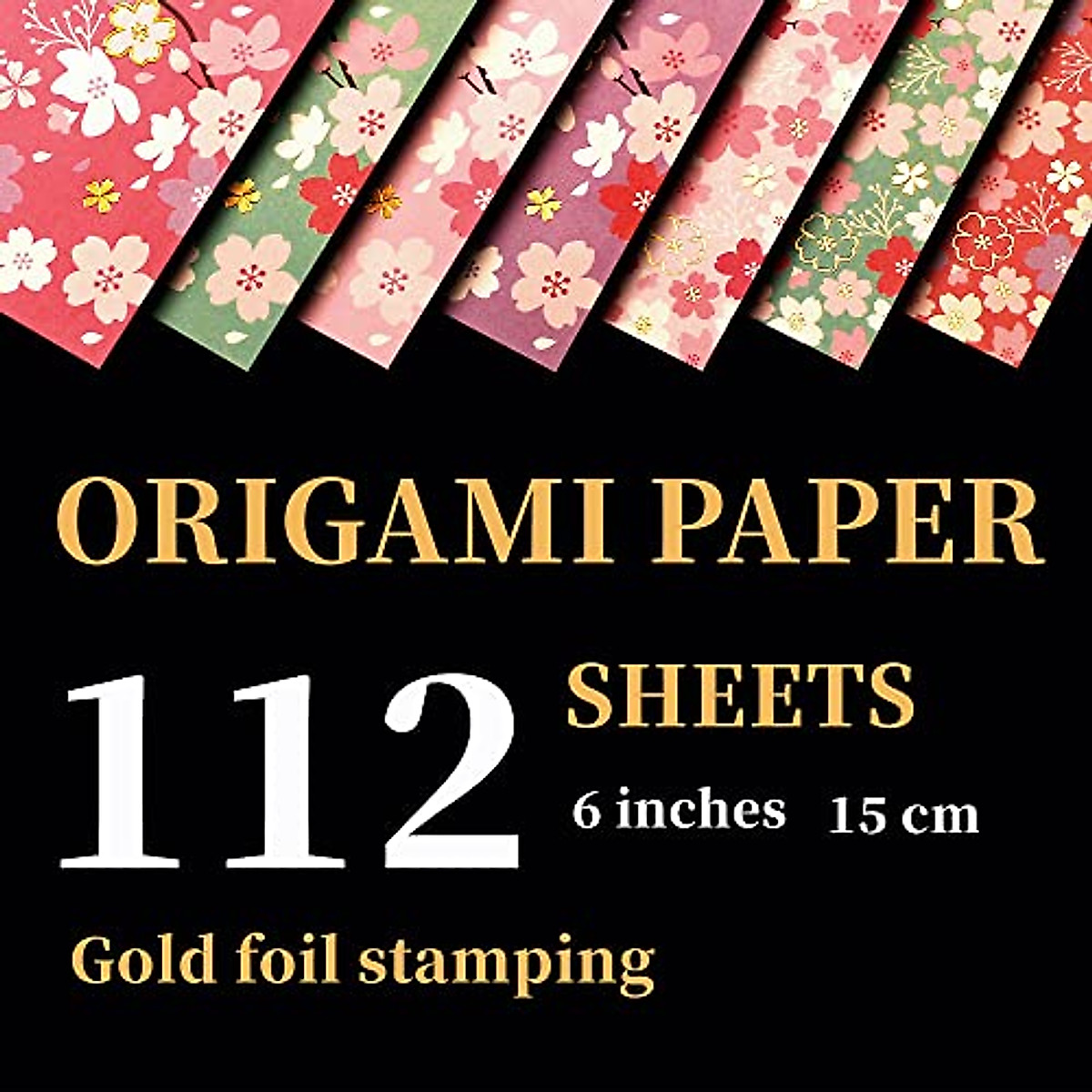 CUTBLAJAT 112 Sheets Heavier Origami Paper Japanese Cherry Blossom Pattern Sakura Bronzing Chiyogami 6" 15cm Washi Easy Fold Paper for Beginner
