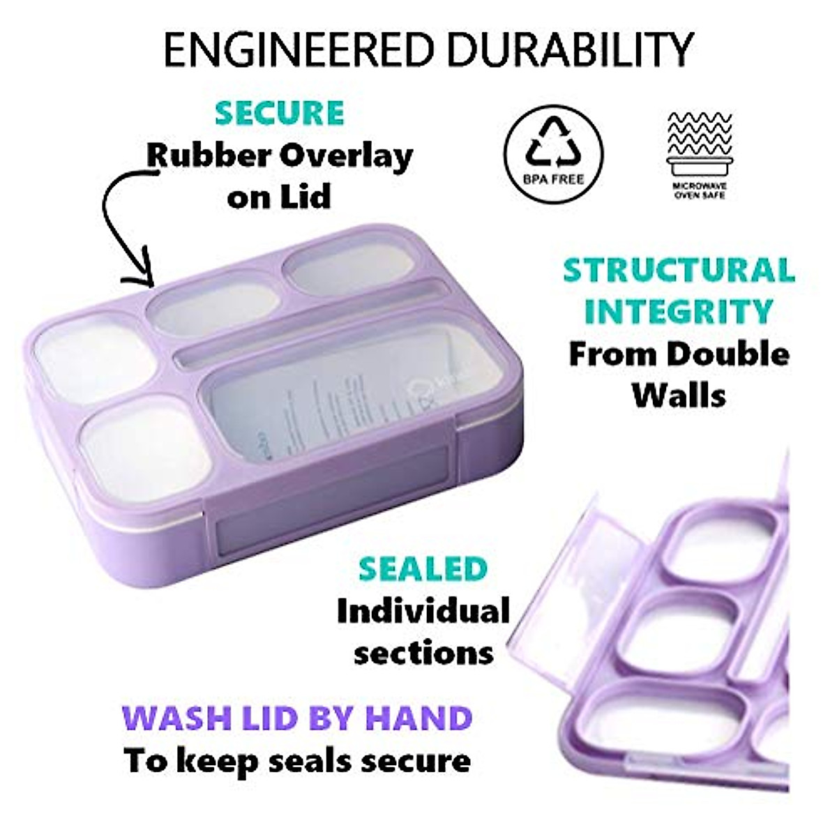 Bento Box with Bag and Ice Pack Set for Kids. Lunch Boxes Snack Containers for Boys Girls Adults. 6 Compartments, Leakproof Portion Container Boxes Insulated Bags for School Lunches, BPA Free, Lilac